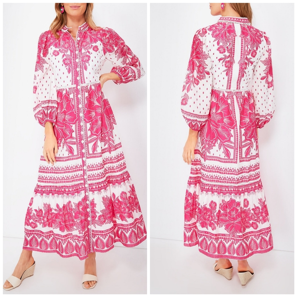 Farm Rio Pink White Button Front Long Sleeve Dress - Gem